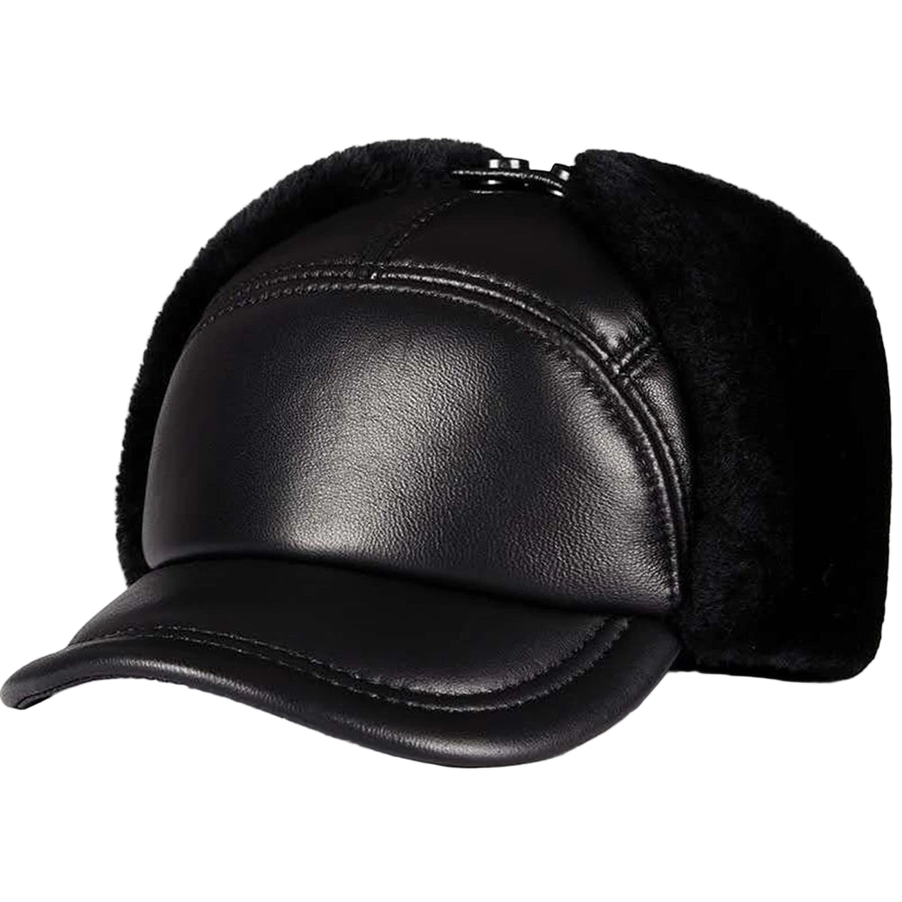 Davison Black Genuine Leather Trapper Bomber Hat | Classic Warm Hat ...