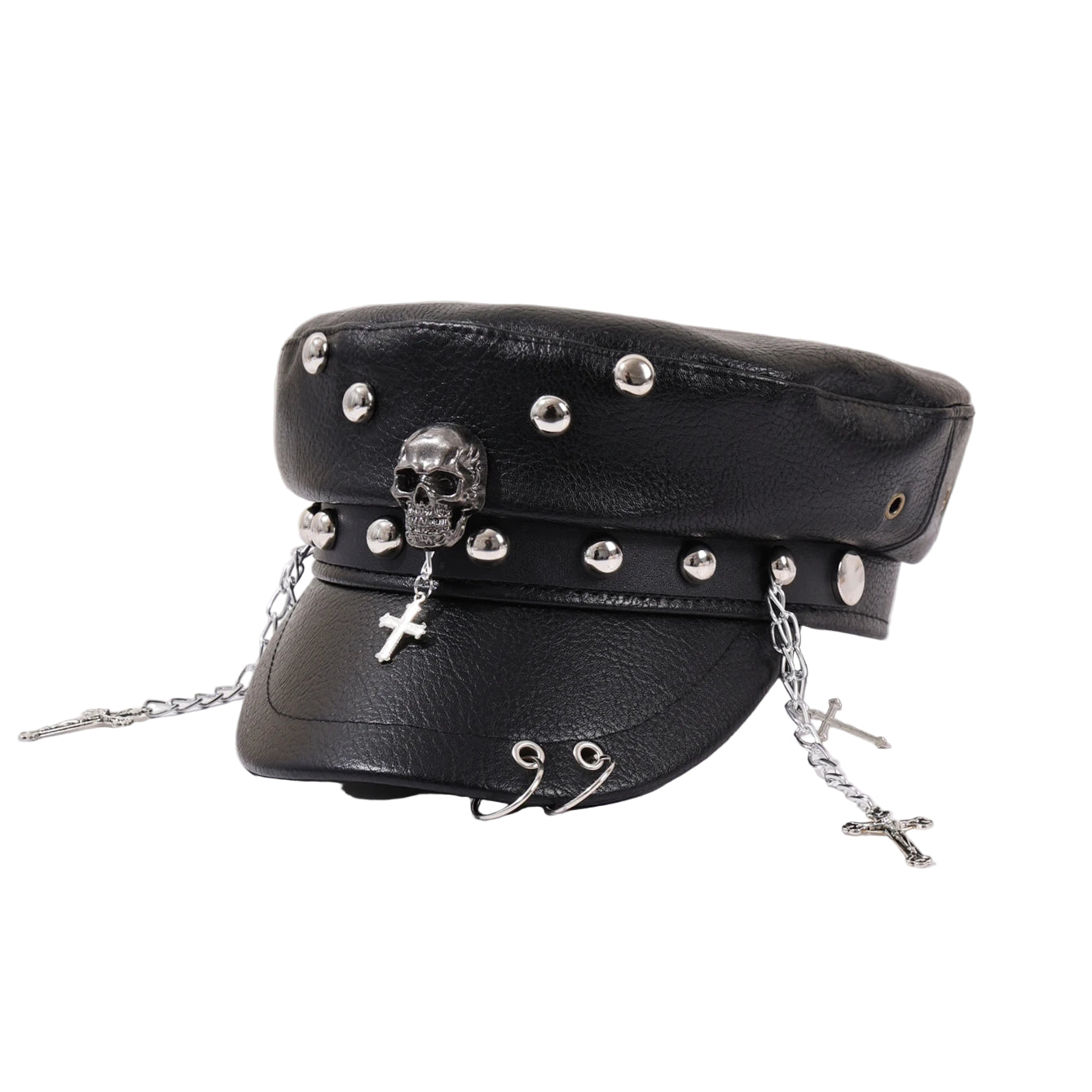 Holy Death Steampunk Black Leather Sailor Cap | Gothic Studded Fiddler ...