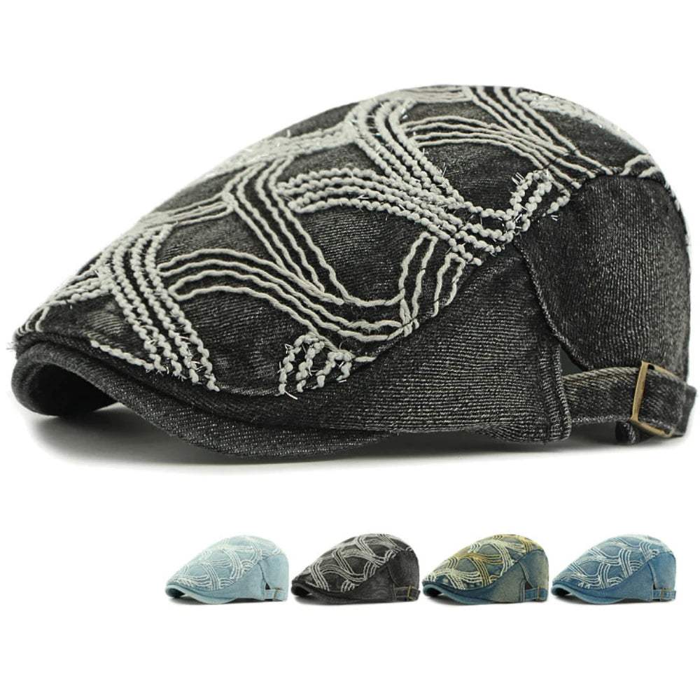 Sea Waves Denim Flat Cap | Vintage Embroidered Ivy Hat – Ghelter